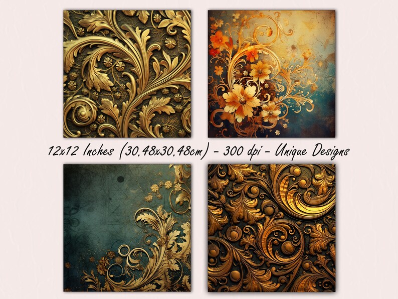 Vintage Gold Filigree Digital Paper Pack - 50 Images, 12x12 Inch/30 ...