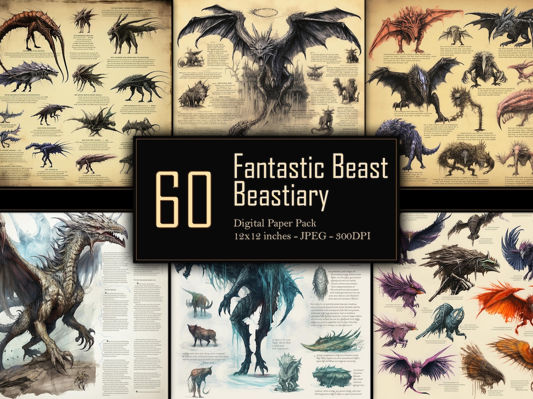 Fantastic Beasts Bestiary Pages Digital Paper Pack, Mythical Creature ...
