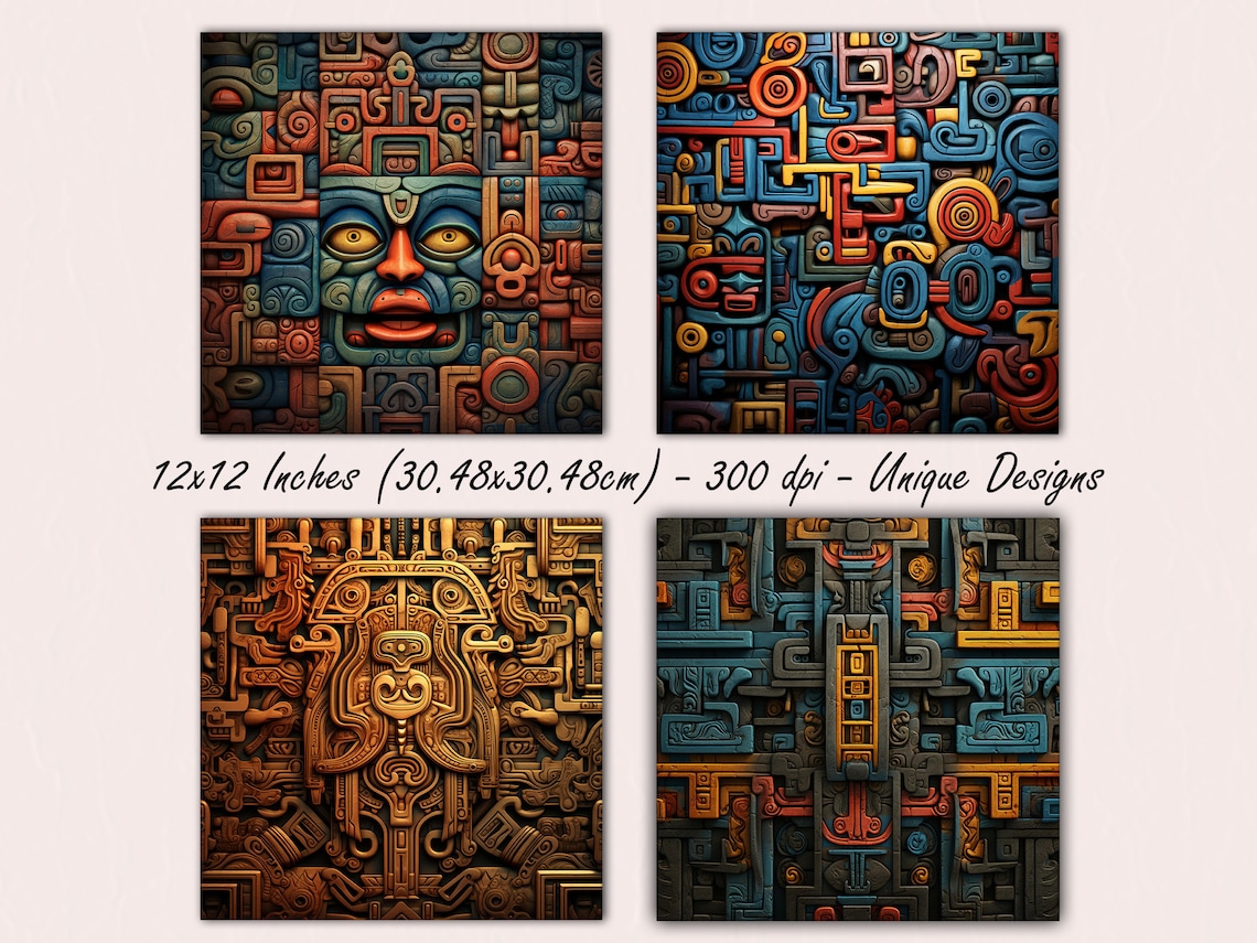 Ancient Mayan Murals, Mayan Art, Mayan Digital Paper Pack, 300DPI ...