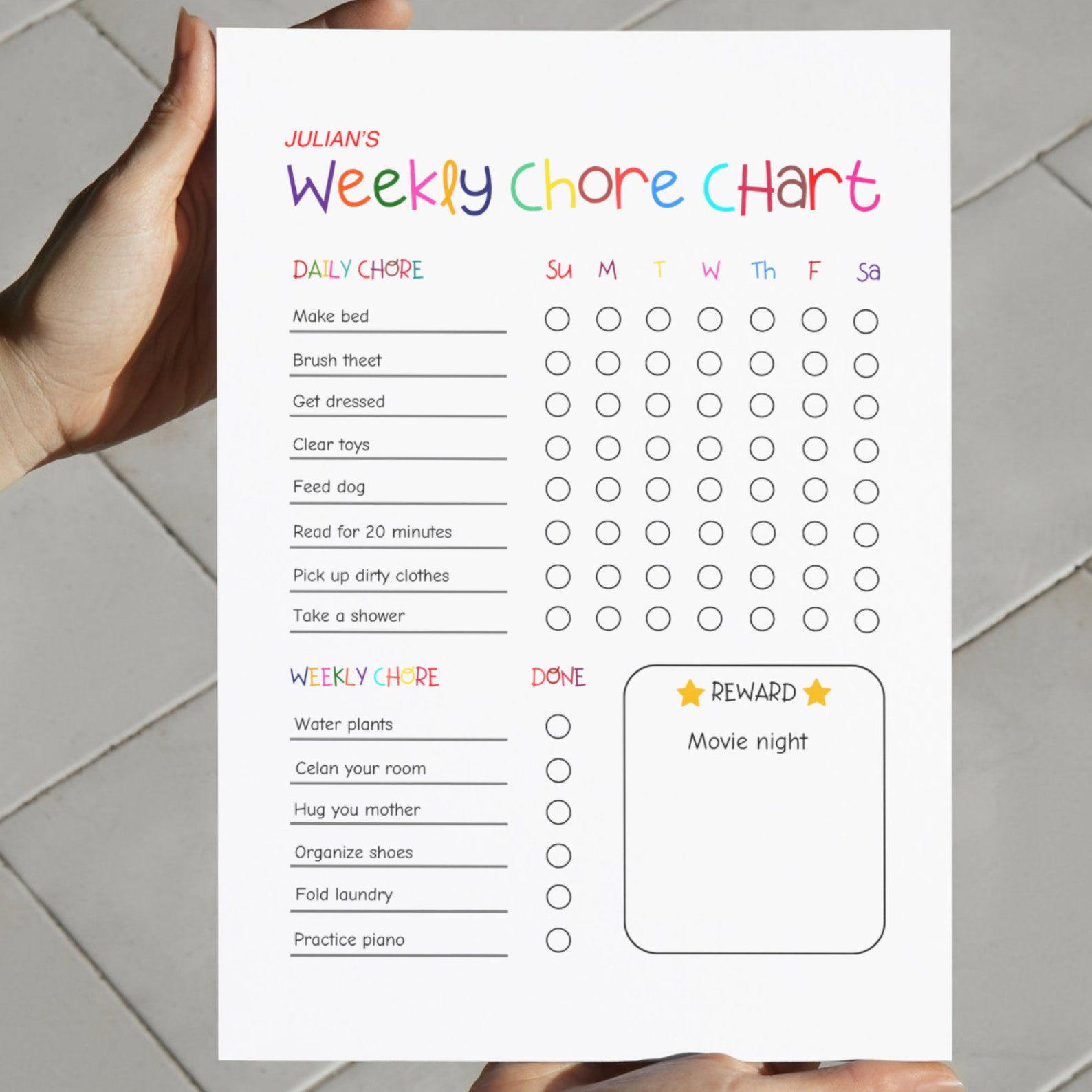 Chore Chart, Printable Editable Kids Chore Chart | Daily & Weekly ...