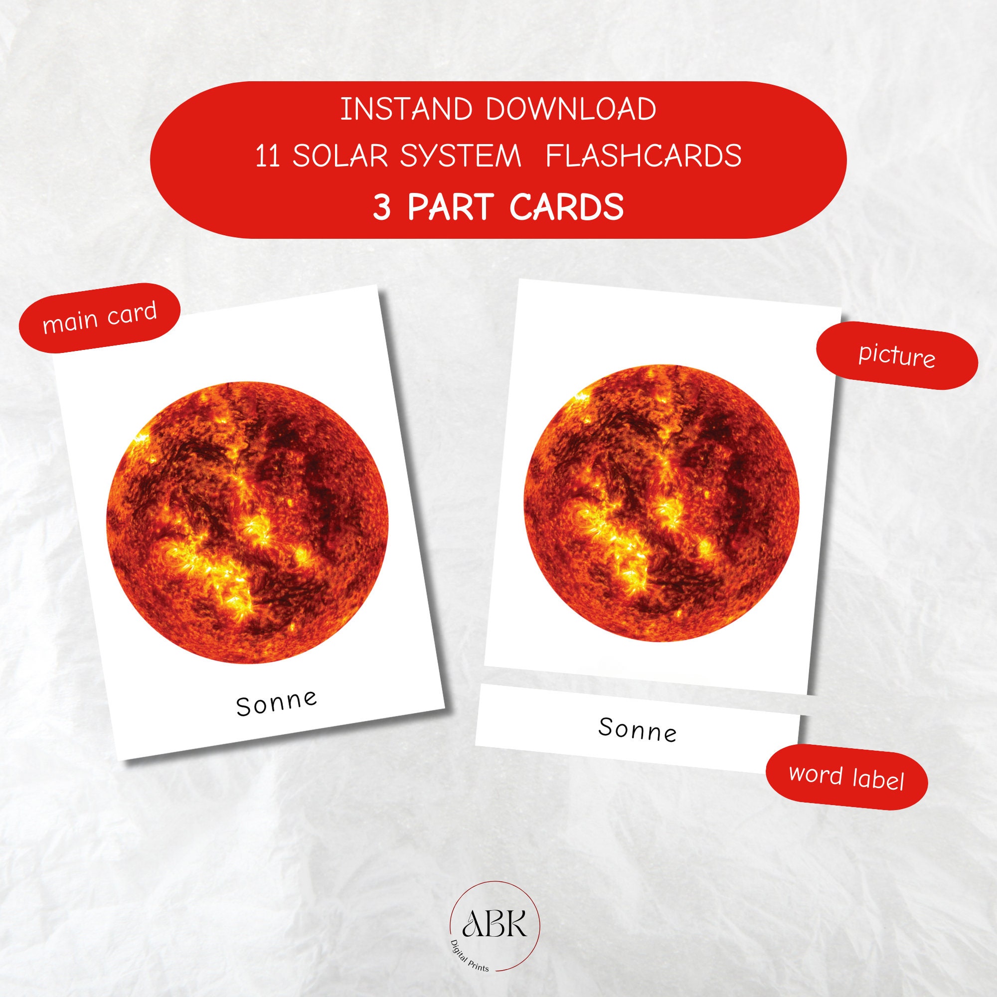 GERMAN Solar System Flashcards for Kids, Montessori Nomenclature Flash ...