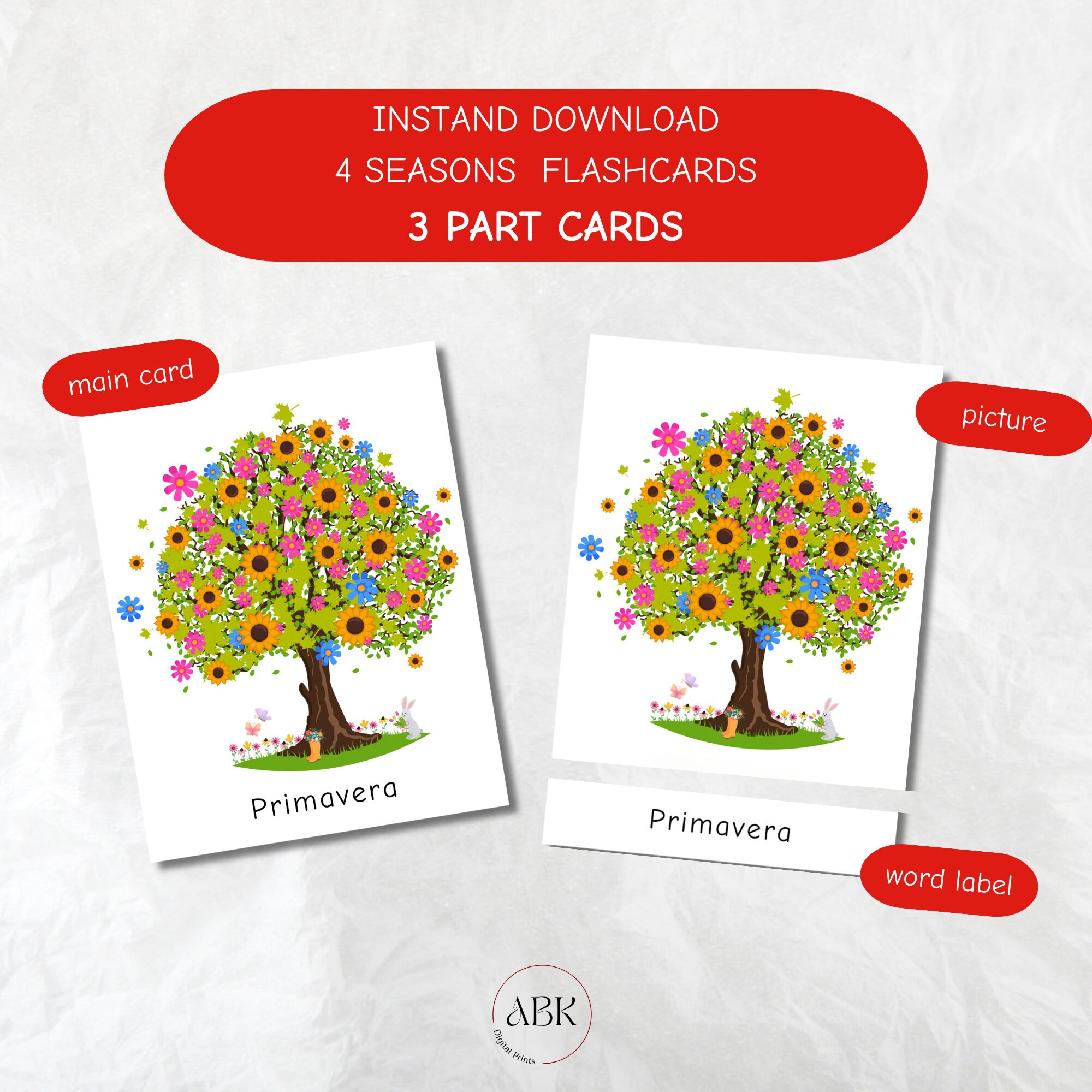 Spanish Four Seasons Vocabulary, Flashcards PDF, Montessori Cards ...