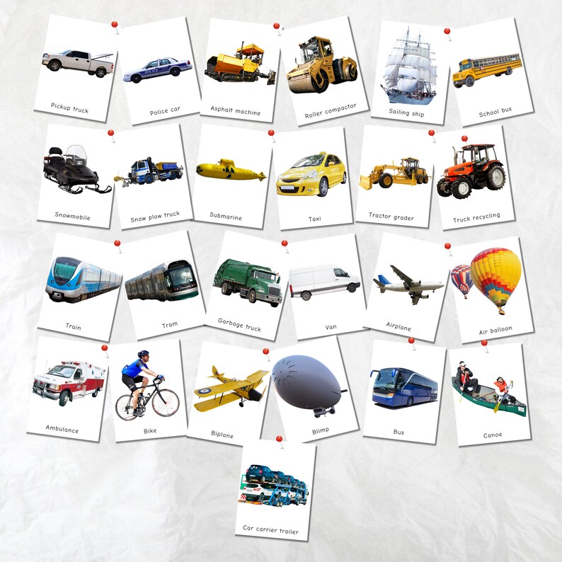 48 VEHICLES Flashcards, Montessori Flashcards, Printable Cards ...