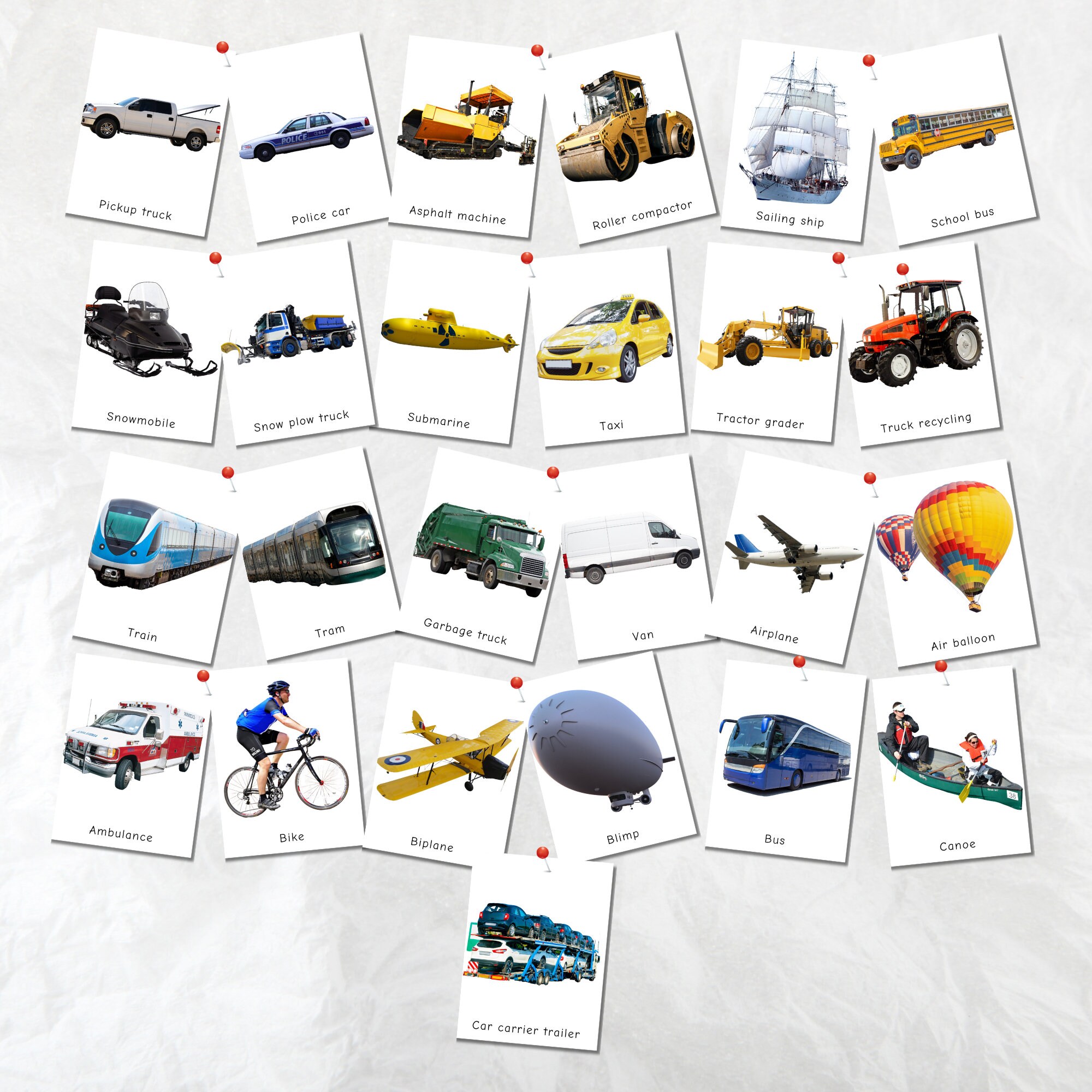 48 VEHICLES Flashcards, Montessori Flashcards, Printable Cards ...