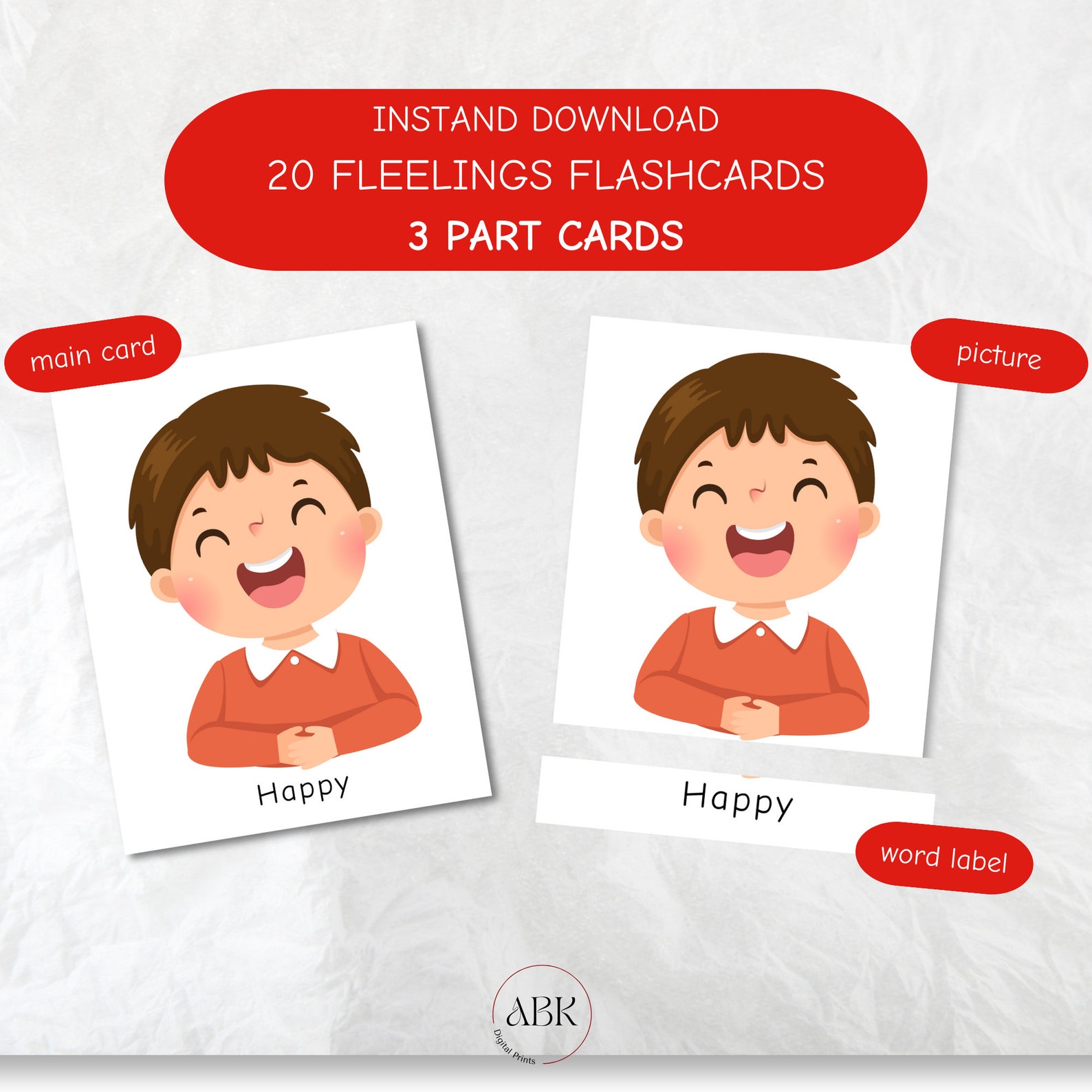 20 Emotion Flashcards,feeling Cards,feelings Flashcards,homeschool ...