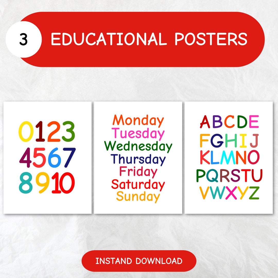 Educational Posters Set: ABC, Numbers, Days (digital Download) - Etsy