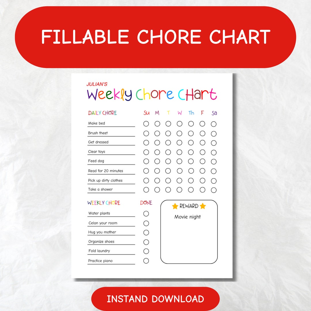 Chore Chart, Printable Editable Kids Chore Chart | Daily & Weekly ...