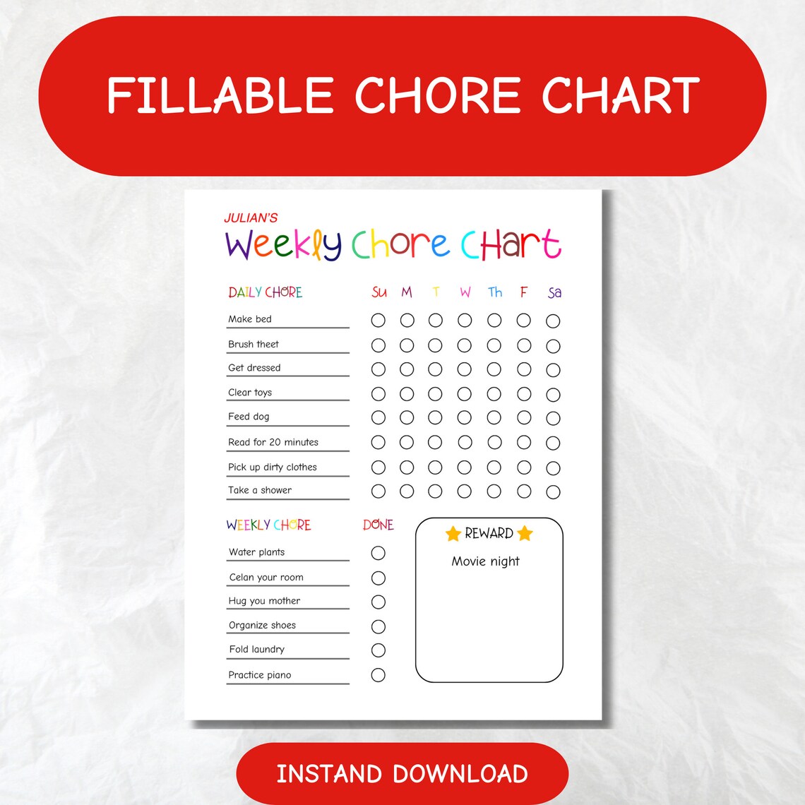 Chore Chart, Printable Editable Kids Chore Chart | Daily & Weekly ...