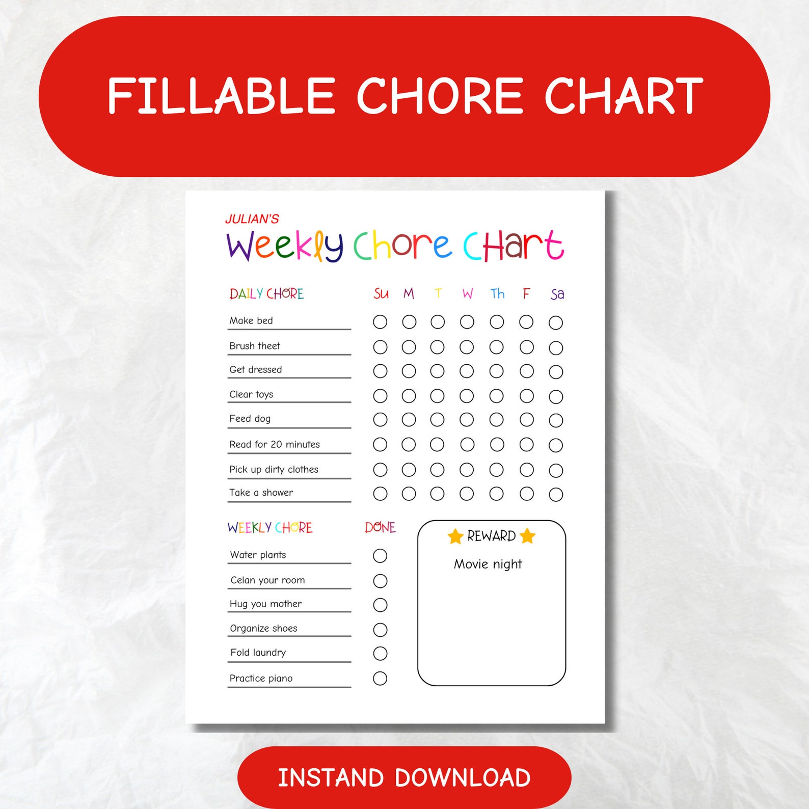 Chore Chart, Printable Editable Kids Chore Chart | Daily & Weekly ...