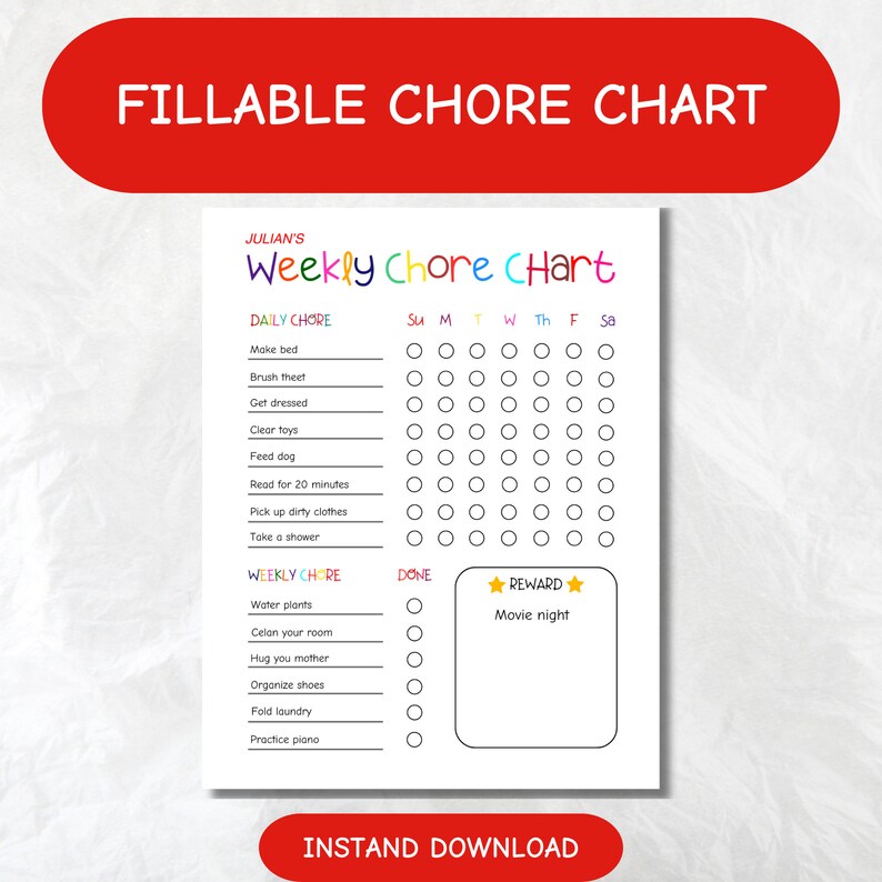 Chore Chart, Printable Editable Kids Chore Chart | Daily & Weekly ...