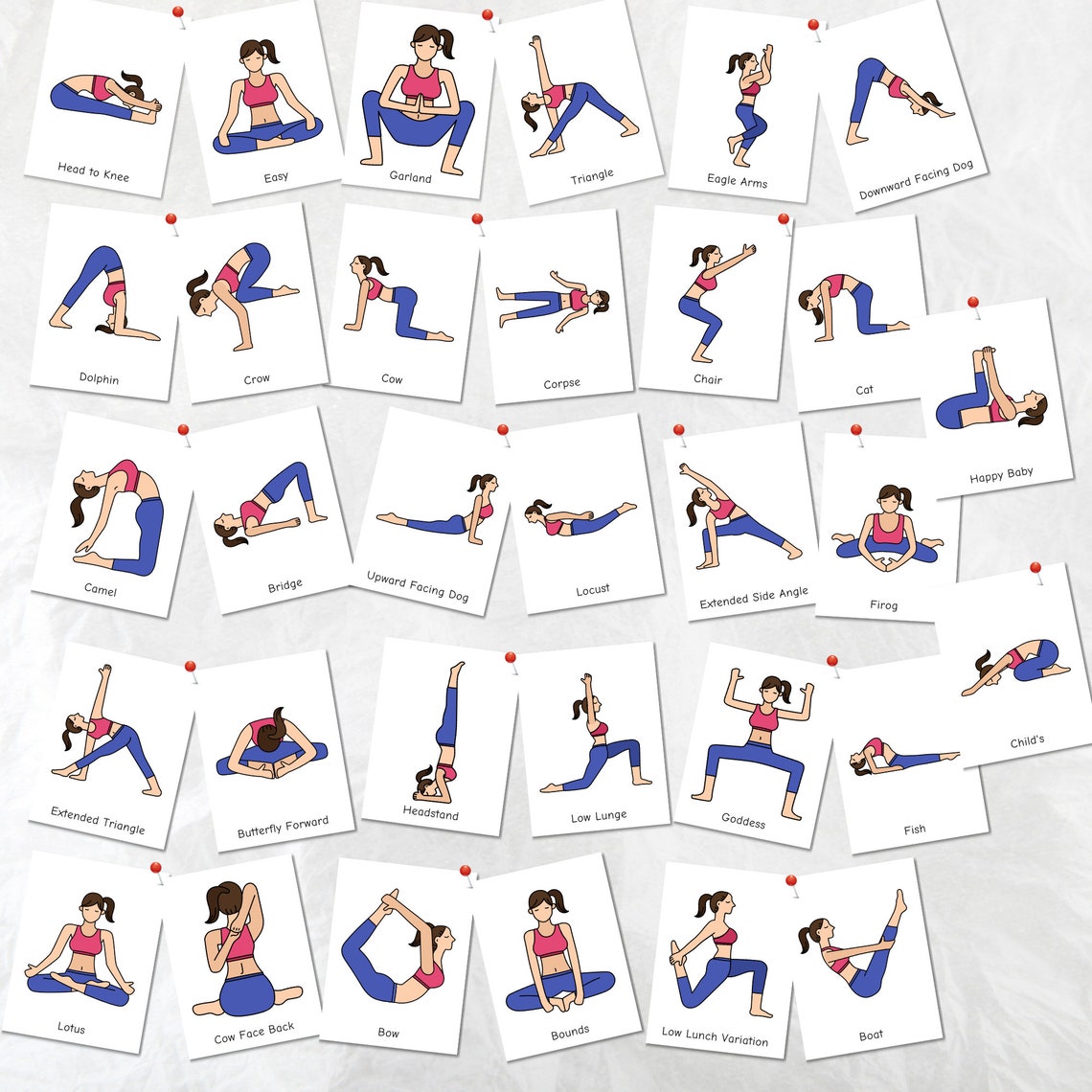 32 YOGA POSES Flashcards, 32 Cards - Sets, Printable/digital PDF Printable,yoga Poses Flashcard ...