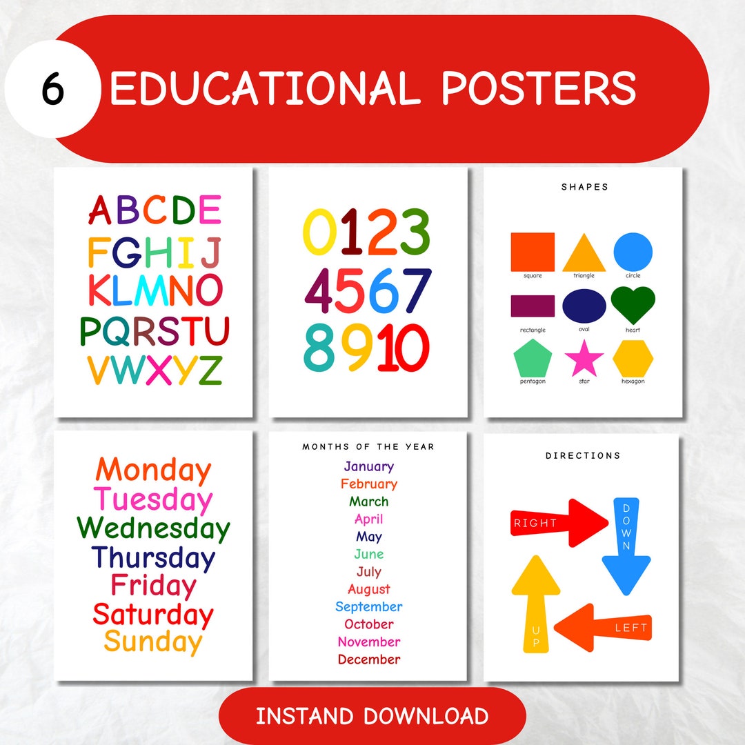 Educational Posters Set of 6: ABC, Numbers, Shapes (digital Download ...