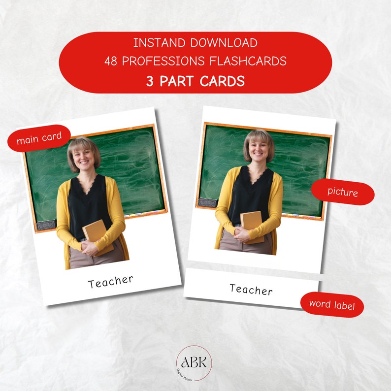 Professions Flashcards for Kids: Montessori Learning Cards (PDF-PNG ...