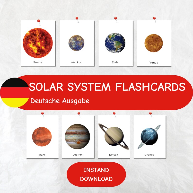 GERMAN Solar System Flashcards for Kids, Montessori Nomenclature Flash ...