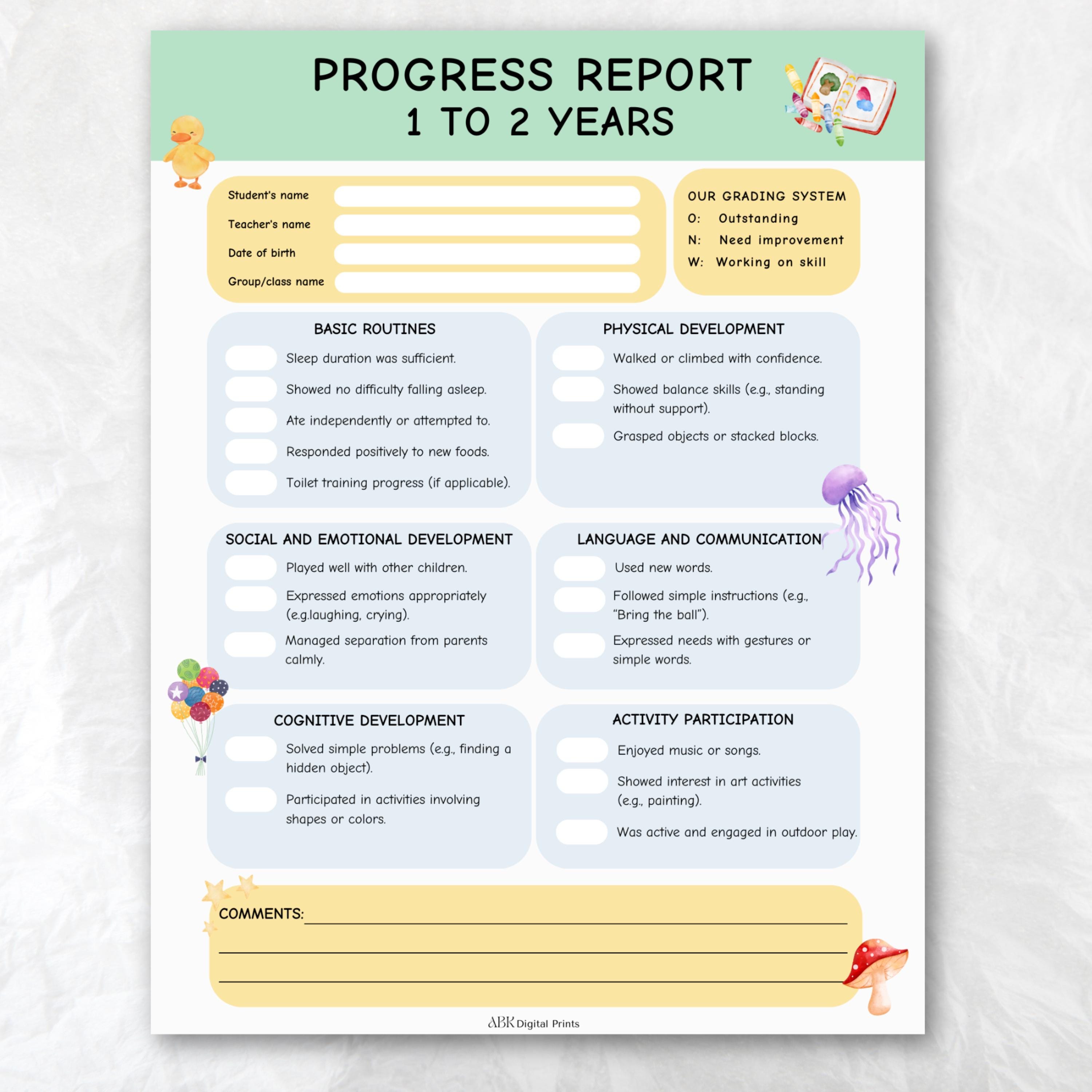 1–2 Year Old Progress Report Printable | Toddler Milestone Tracker PDF | Daycare Preschool Form ...