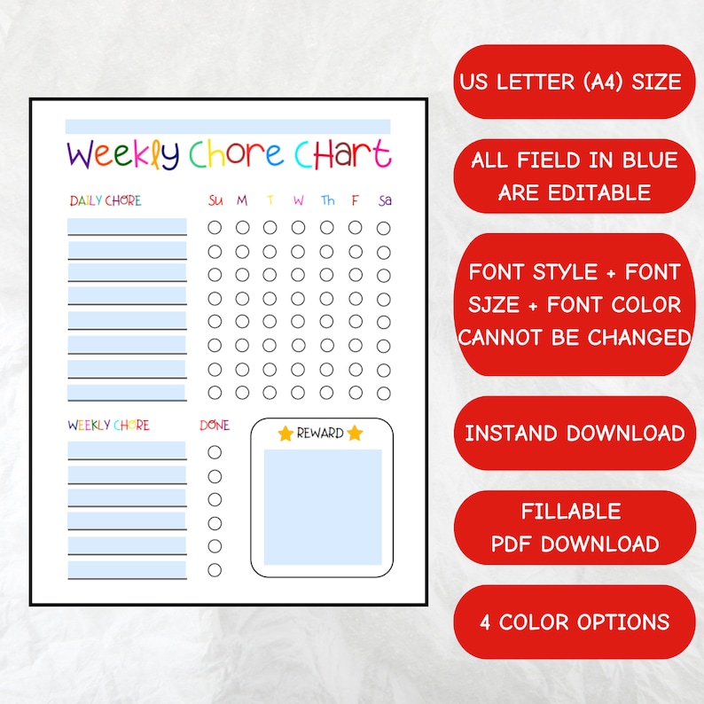 Chore Chart, Printable Editable Kids Chore Chart | Daily & Weekly ...