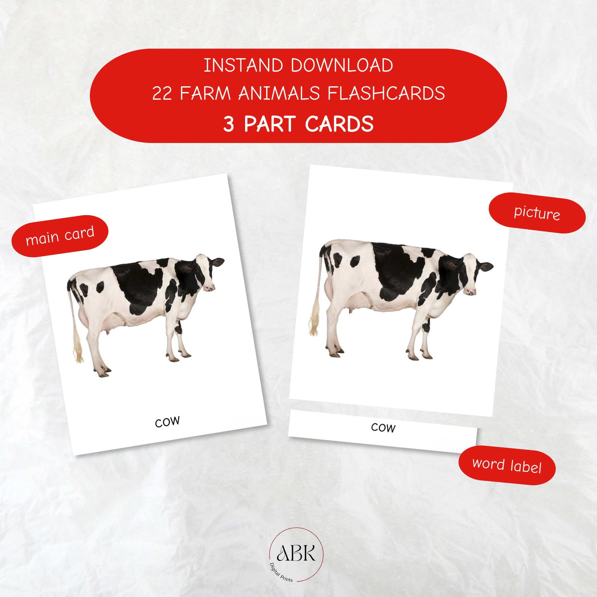 Farm Animal Flashcards: Montessori Educational Set (digital Download ...