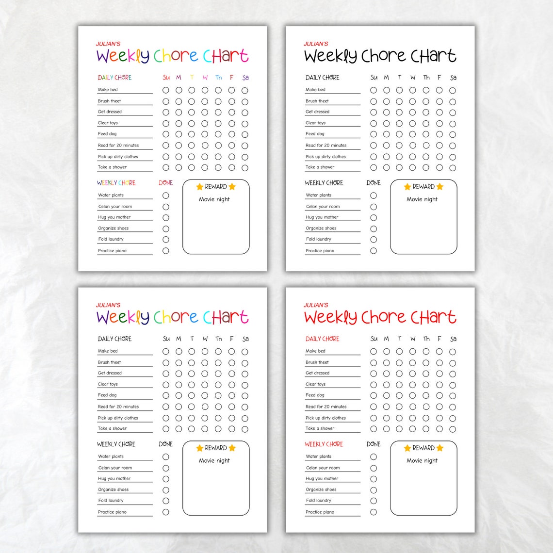 Chore Chart, Printable Editable Kids Chore Chart | Daily & Weekly ...