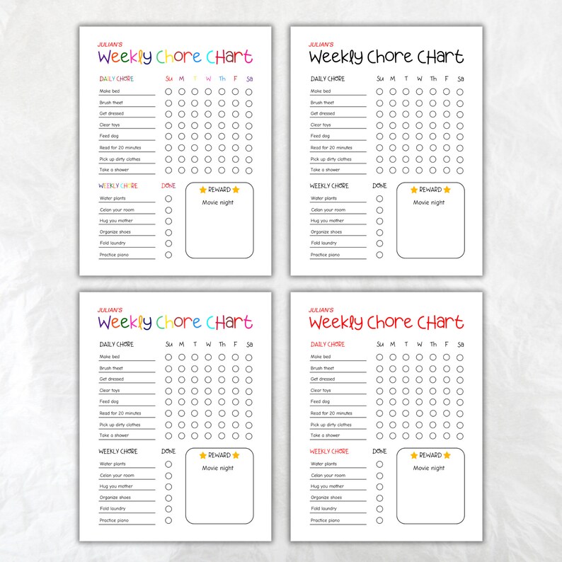 Chore Chart, Printable Editable Kids Chore Chart | Daily & Weekly ...