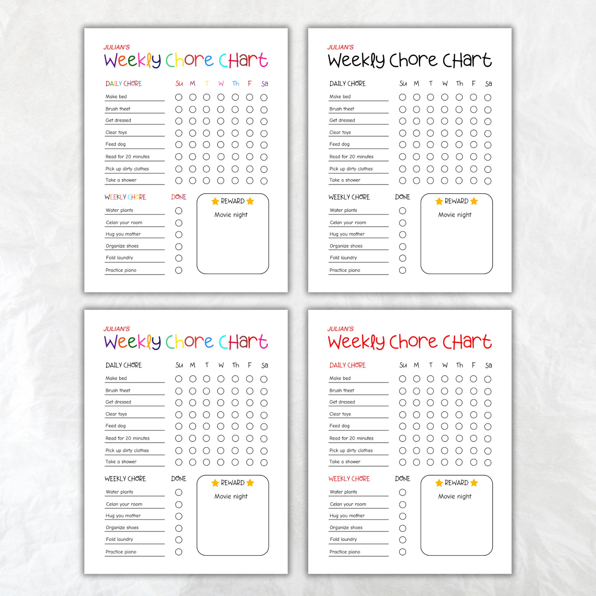 Chore Chart, Printable Editable Kids Chore Chart | Daily & Weekly ...