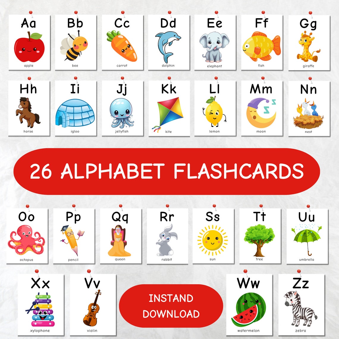 26 Alphabet Flash Cards, Toddlers Preschool Early Learning Resource ...