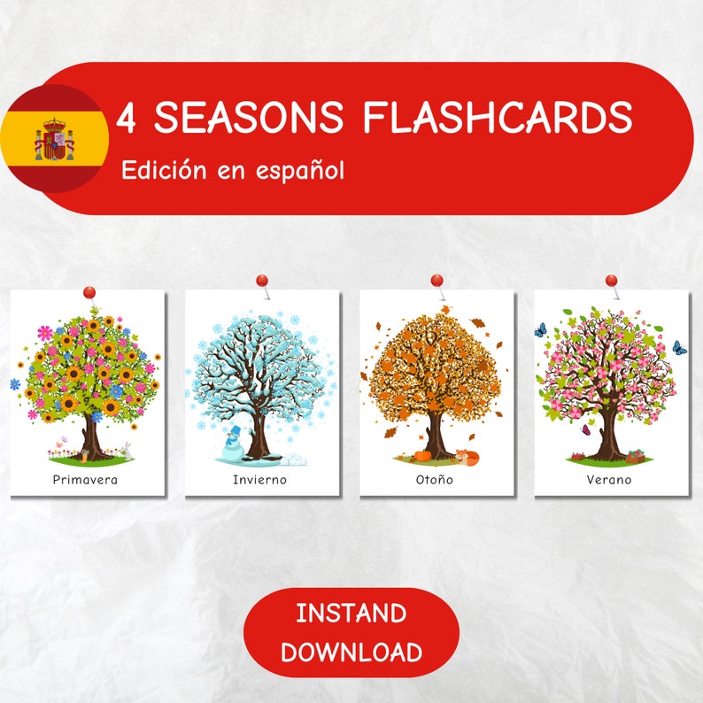 Spanish Four Seasons Vocabulary, Flashcards PDF, Montessori Cards ...