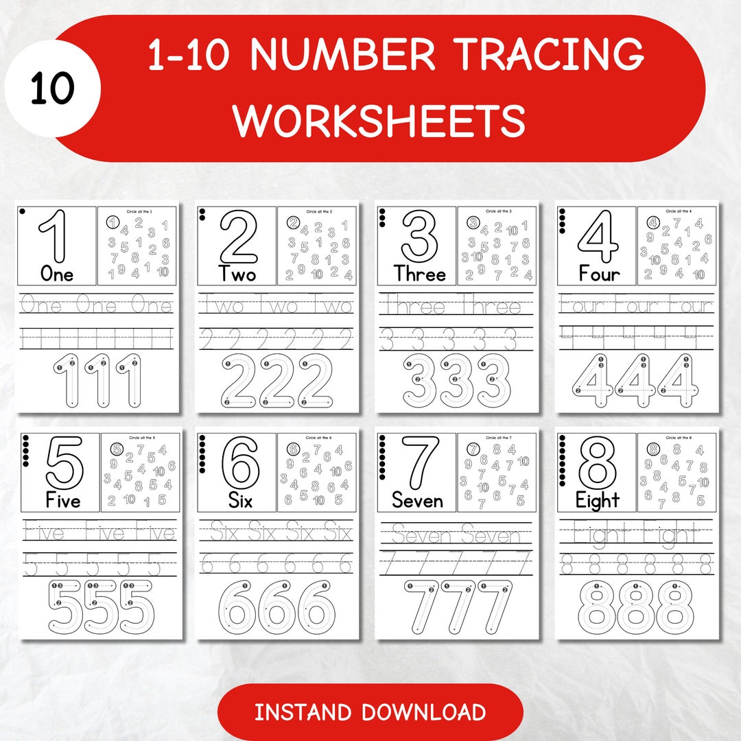 Number Tracing 1-10 Worksheets: Preschool Handwriting Practice (digital ...