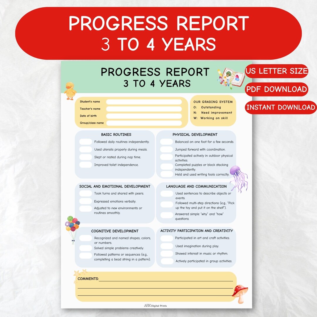 Daycare Progress Report: 3-4 Year Olds, Digital PDF (US Letter Size) - Etsy