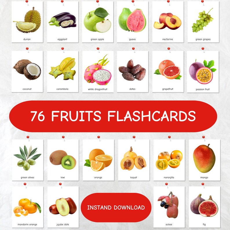 76 FRUITS Flash Cards real Pictures, Montessori Flashcards, Worksheets ...