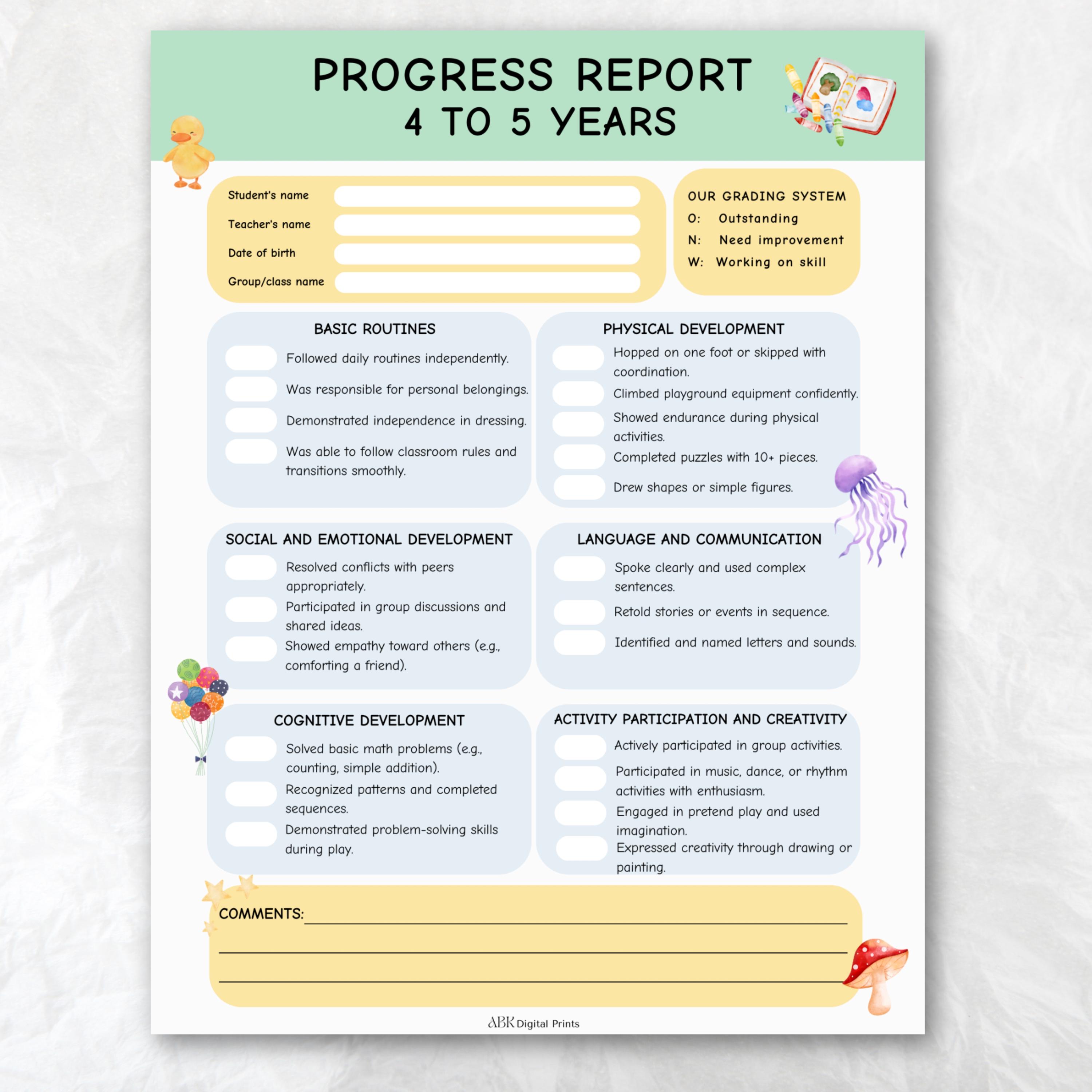 4-5 Year Old Progress Report | Report Card | Progress Report |childcare ...