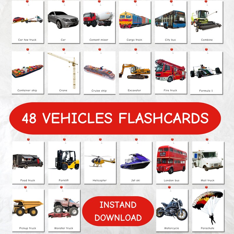 48 VEHICLES Flashcards, Montessori Flashcards, Printable Cards ...