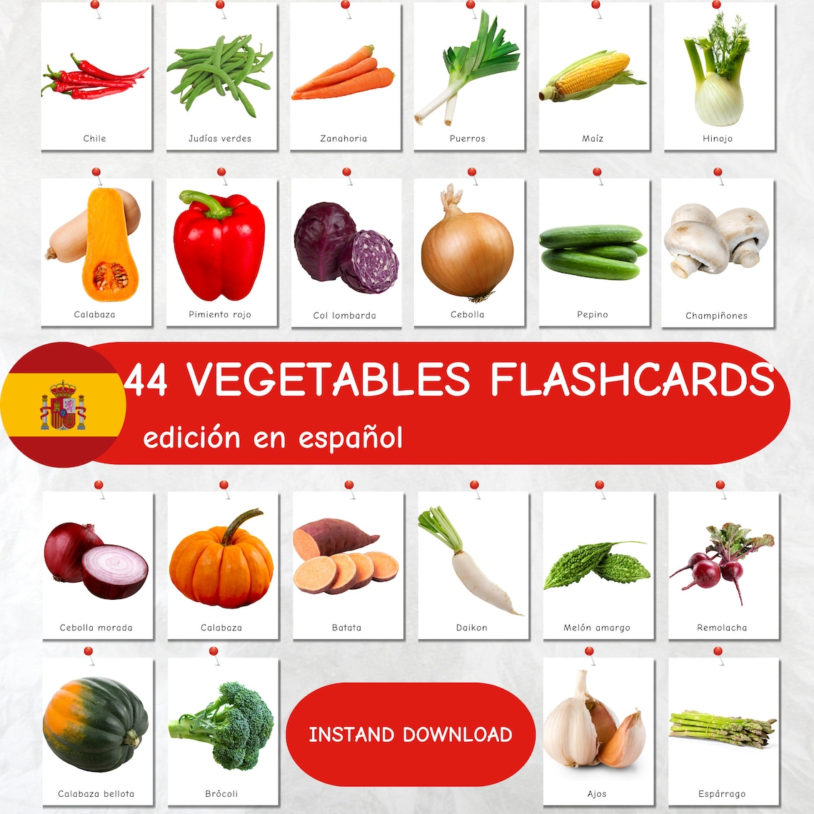 Spanish Vegetables Flashcards, Montessori Learning (PDF-PNG Printable ...