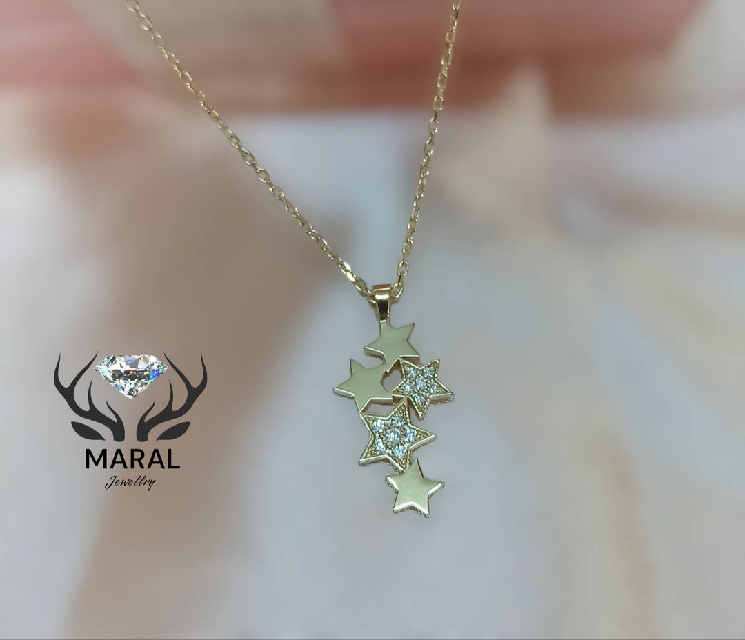 Star Necklace, Diamond Necklace, Multiple Star Necklace, Solid Gold, 14 ...
