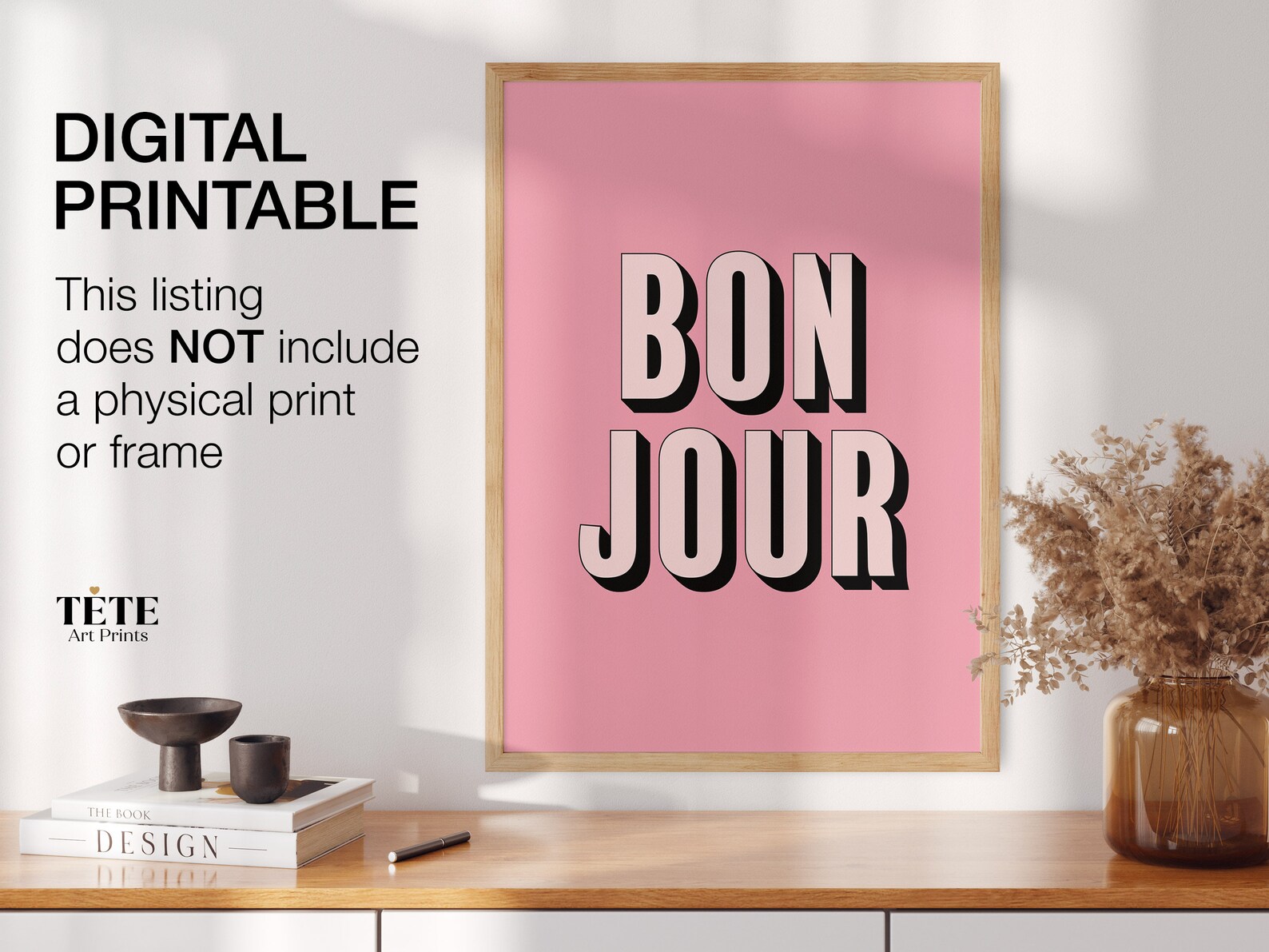 Bonjour Printable Poster, French Quote, Pink Wall Art, Typography Print ...