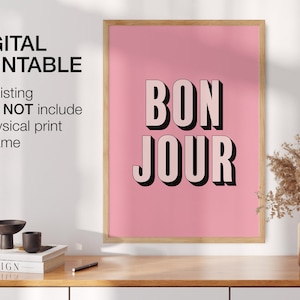 Bonjour Printable Poster, French Quote, Pink Wall Art, Typography Print ...