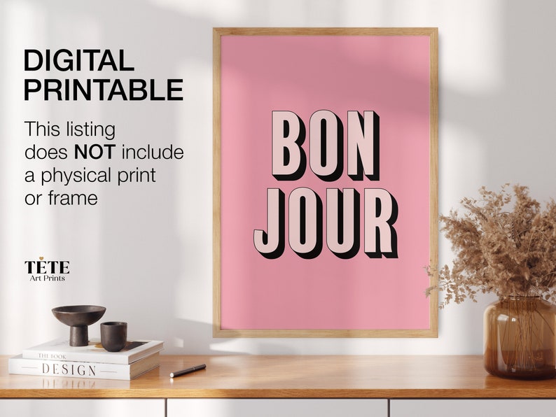 Bonjour Printable Poster, French Quote, Pink Wall Art, Typography Print ...