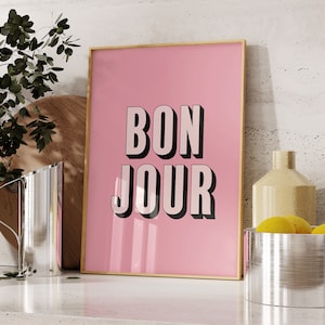 Bonjour Printable Poster, French Quote, Pink Wall Art, Typography Print ...
