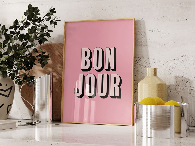 Bonjour Printable Poster, French Quote, Pink Wall Art, Typography Print ...