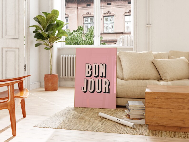 Bonjour Printable Poster, French Quote, Pink Wall Art, Typography Print ...