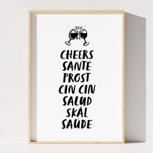 Cheers in Different Languages Printable, Multilingual Toasts Digital Print, Santé, Prost, Cin ...