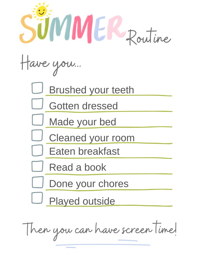 Editable Summer Screen Time Checklist: Kids Chore Chart (digital ...