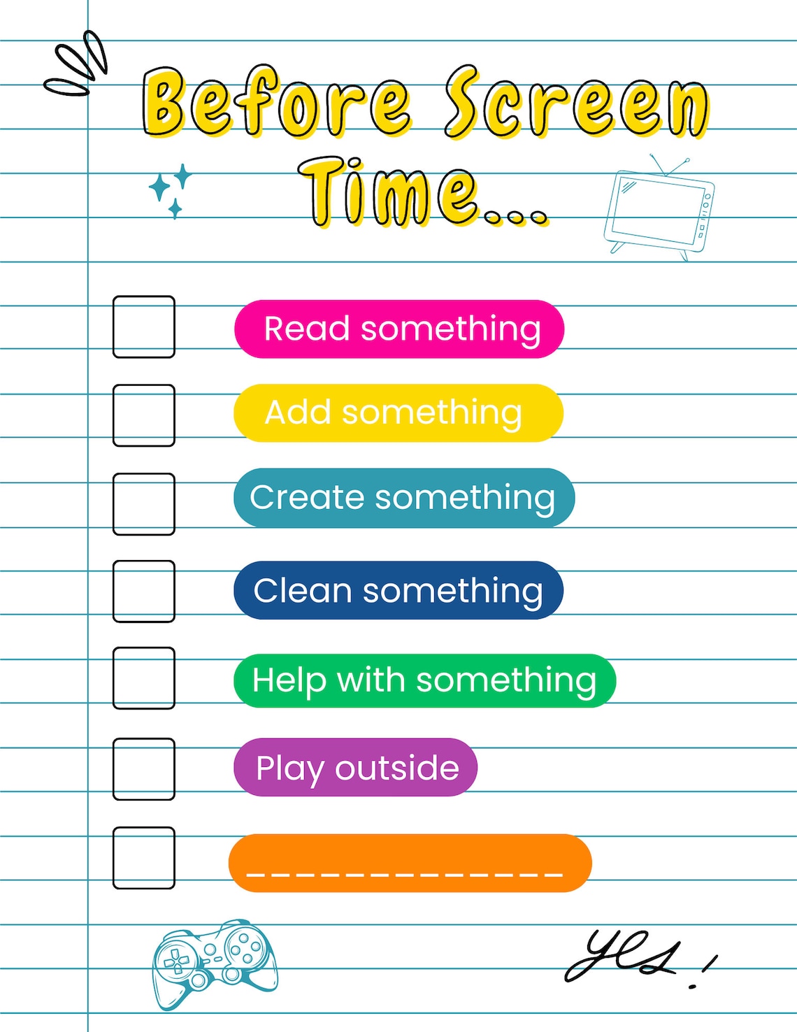 Printable Kids Screen Time Checklist Instant Download Screen Time ...