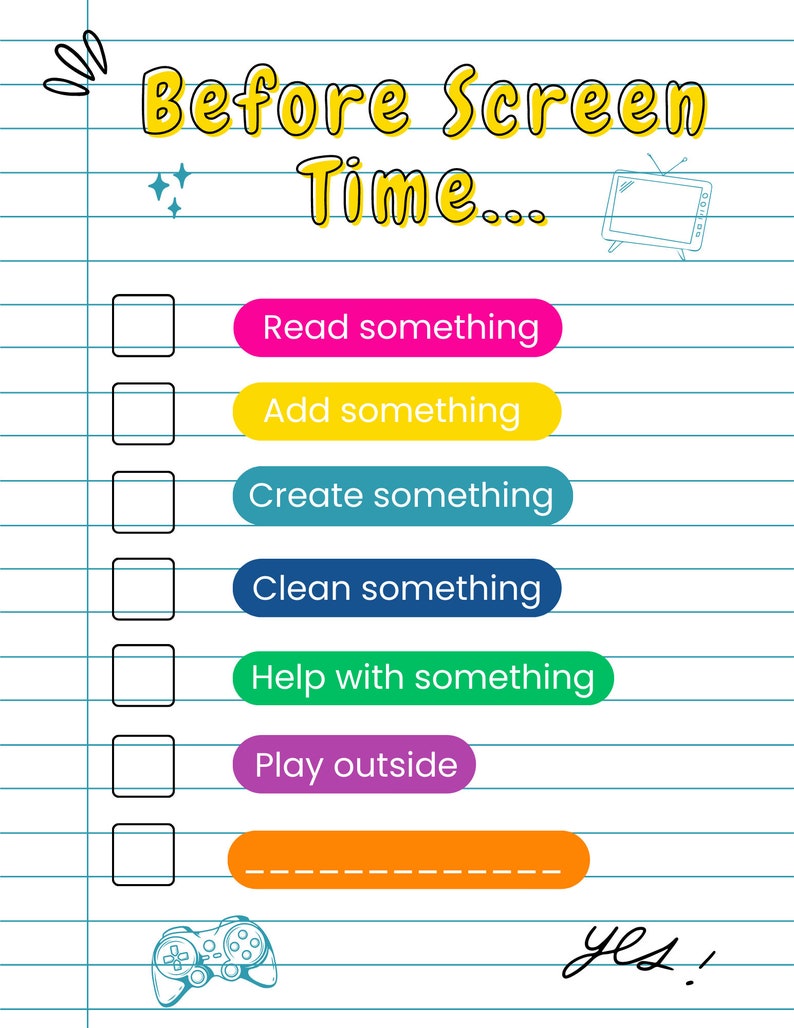 Printable Kids Screen Time Checklist Instant Download Screen Time ...