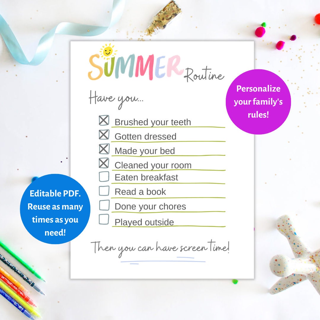 Editable Summer Screen Time Checklist: Kids Chore Chart (digital ...