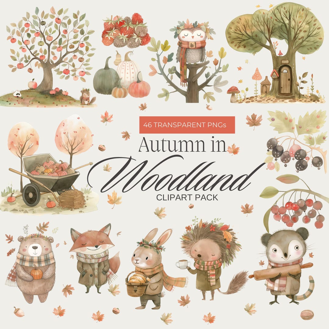 Woodland Autumn Clipart Watercolor Woodland Animals Cute Fall Animals ...