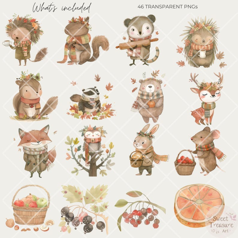 Woodland Autumn Clipart Watercolor Woodland Animals Cute Fall Animals ...