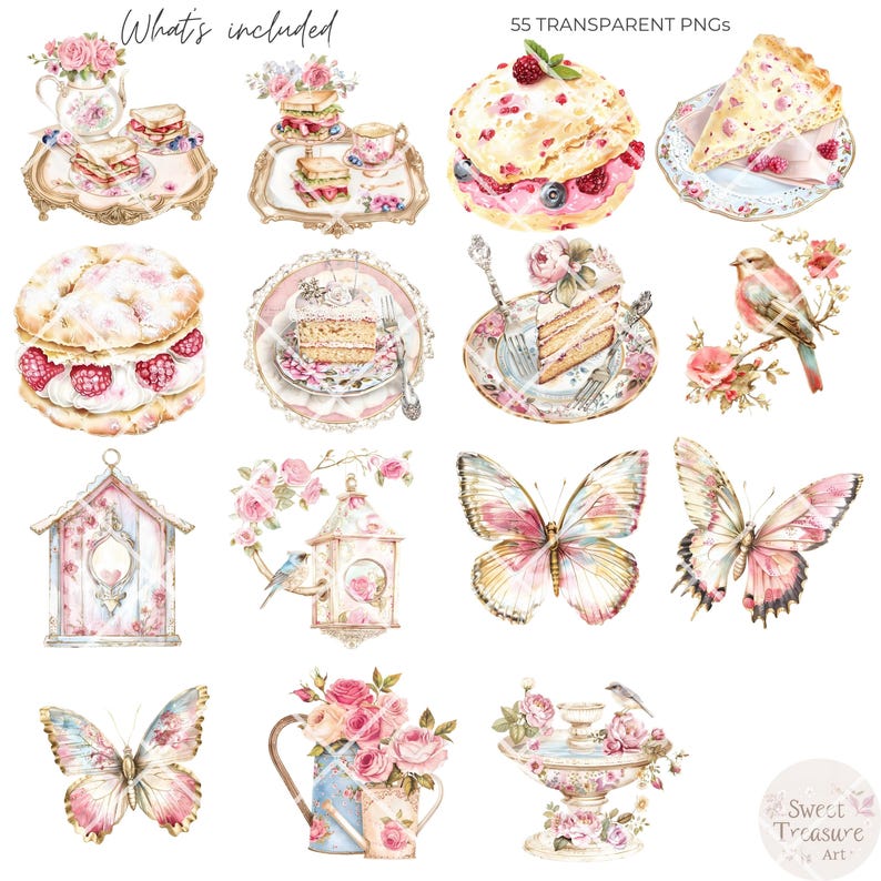 Watercolor Tea Party Clipart Vintage, Afternoon Tea Time PNG, Pink ...