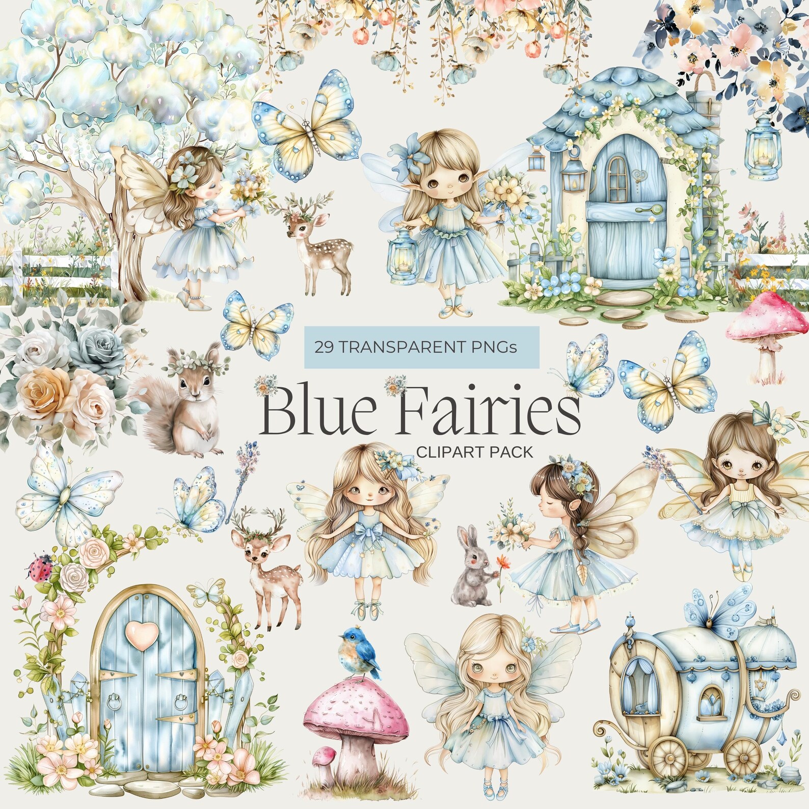 Blue Fairy Watercolor Clipart PNG, Dusty Blue Fairy, Blue Butterfly ...