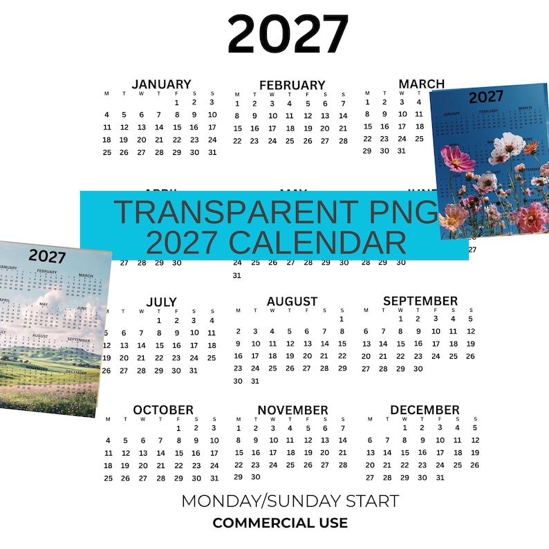 Annual 2027 Calendar PNG Transparent Background Calendar Instant ...
