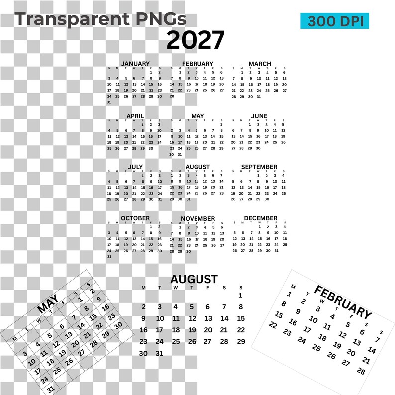 Annual 2027 Calendar PNG Transparent Background Calendar Instant ...